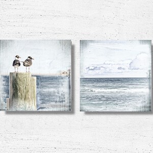 MEERWEH DUO Maritimes Bild auf Holz Leinwand Kunstdruck Meer Ostsee Nordsee Möwen Wanddeko ...