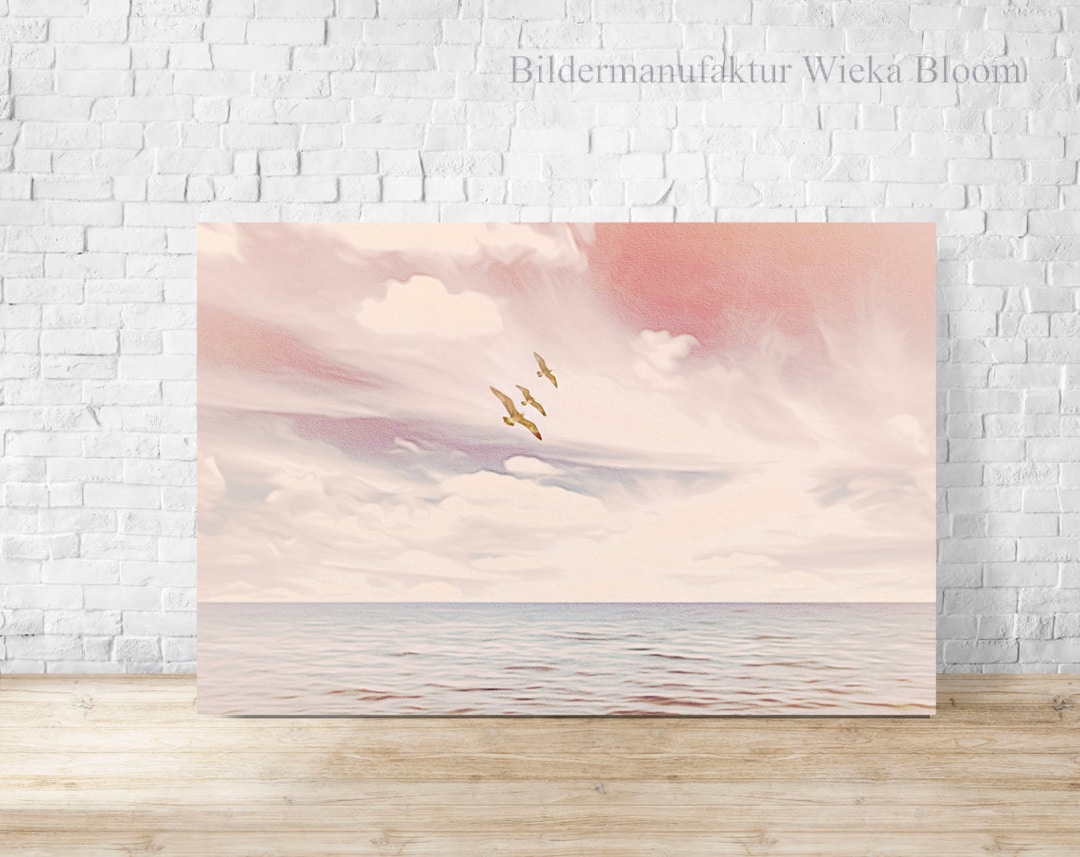 SEHNSUCHT Maritimes Wandbild auf Holz Leinwand Kunstdruck Meer Wellen Wolken Möwen Landhausstil ...