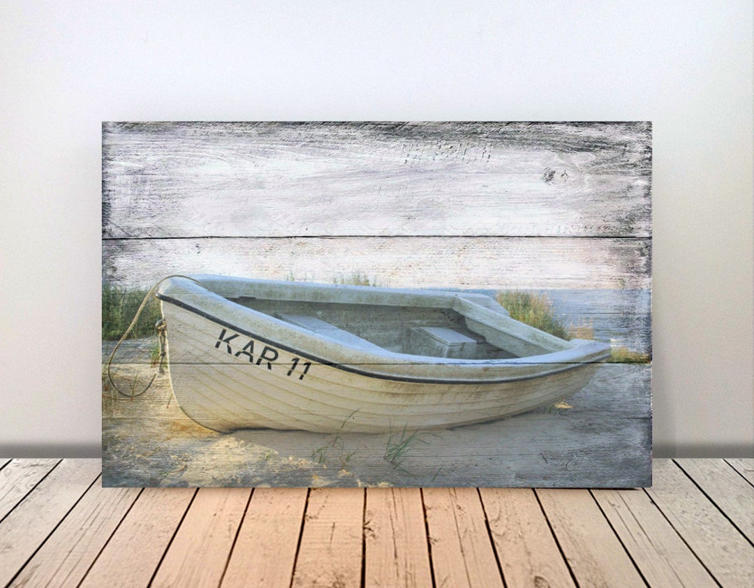 FISCHERBOOT Maritimes Bild auf Holz Leinwand Kunstdruck Boot Strand Küste Meer Wanddeko Bild ...