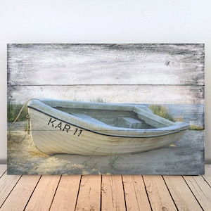 FISCHERBOOT Maritimes Bild auf Holz Leinwand Kunstdruck Boot Strand Küste Meer Wanddeko Bild ...