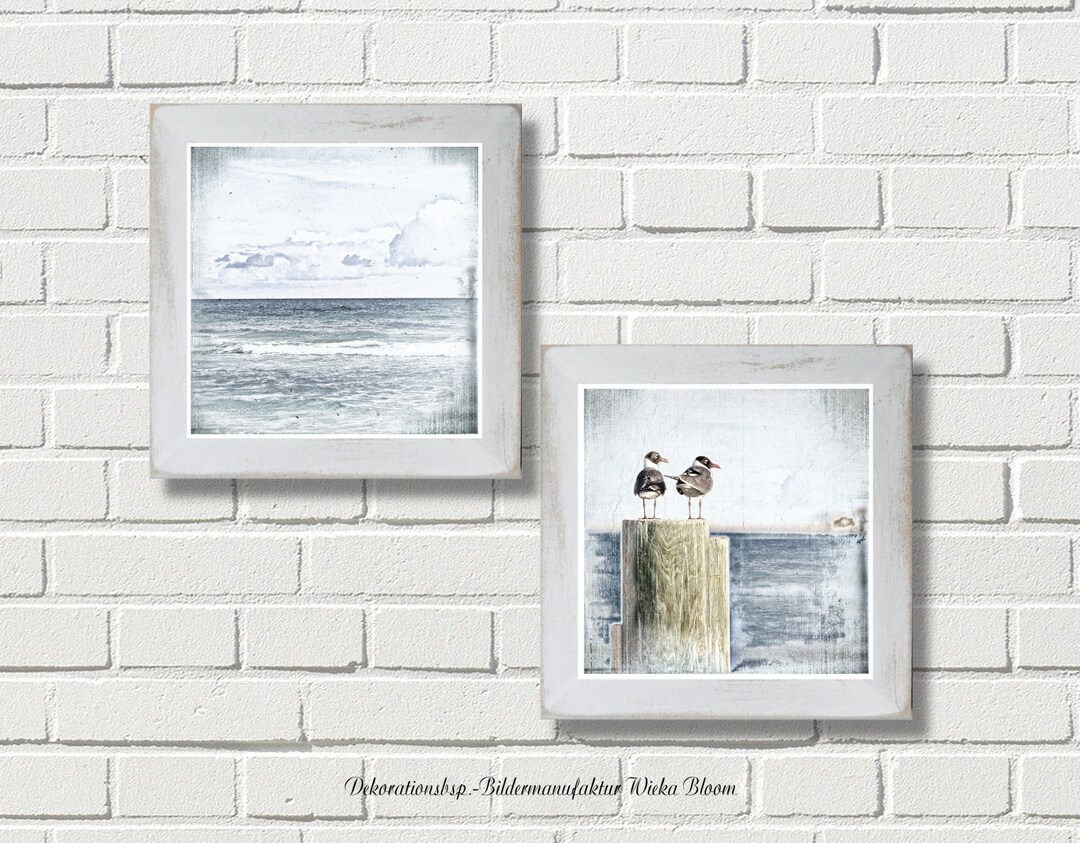MEERWEH DUO Maritimes Bild auf Holz Leinwand Kunstdruck Meer Ostsee Nordsee Möwen Wanddeko ...