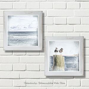 MEERWEH DUO Maritimes Bild auf Holz Leinwand Kunstdruck Meer Ostsee Nordsee Möwen Wanddeko ...