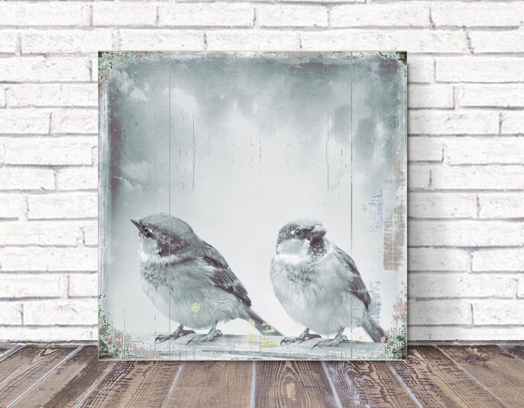 SPATZENPAAR Tierbild auf Holz Leinwandbild Kunstdruck Vögel Sperling Bild Landhausstil Wanddeko ...