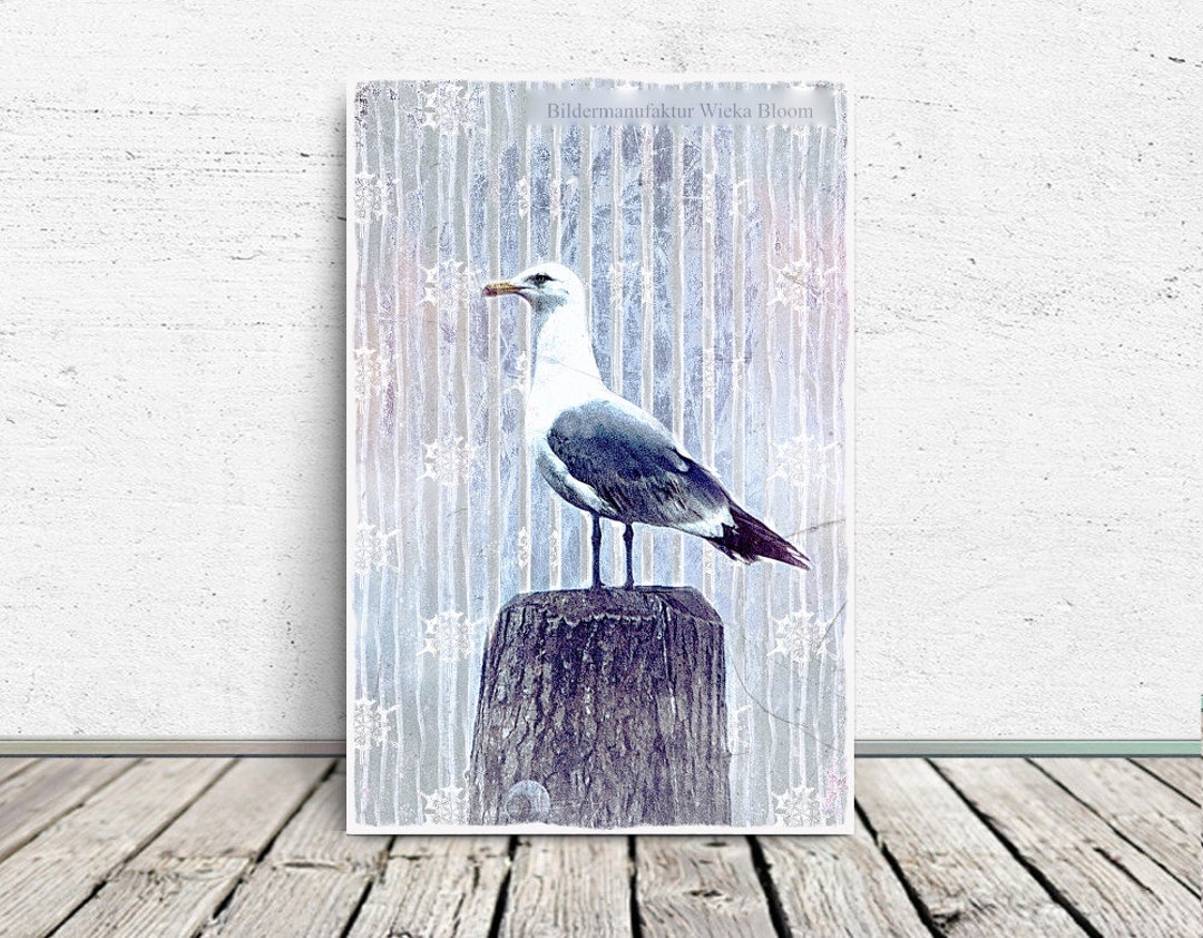 MÖWE MIT STREIFEN Maritimes Bild auf Holz Leinwand Kunstdruck Print Vögel Seagulls Wanddeko ...