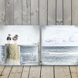 MEERWEH DUO Maritimes Bild auf Holz Leinwand Kunstdruck Meer Ostsee Nordsee Möwen Wanddeko ...