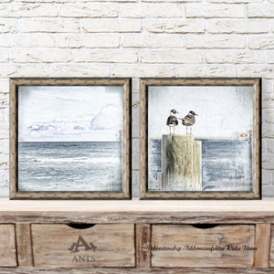 MEERWEH DUO Maritimes Bild auf Holz Leinwand Kunstdruck Meer Ostsee Nordsee Möwen Wanddeko ...