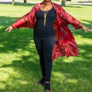 Silk Kimono Jacket, Silk Adire, Red Kimono, Kimono Jacket Silk, Kimono ...