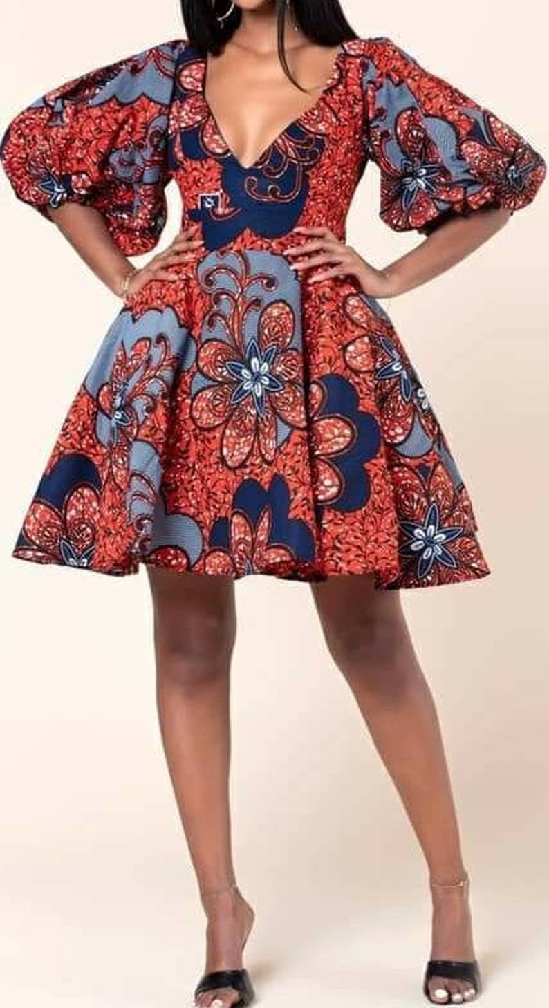 African Dress With Puff Sleeves Ankara Midi Dress With Puff Etsy