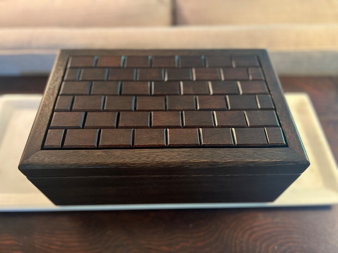 Dark Stained Mahogany Box With Intricate Wood Tile Top. 12" by 7" by 5 ...