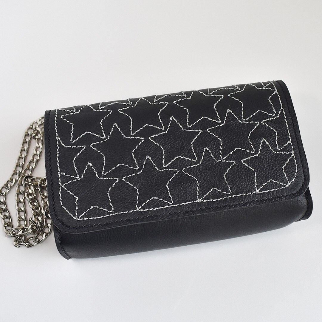Handmade Leather Bag, Black Leather Bag With Embroidered Stars, Leather ...