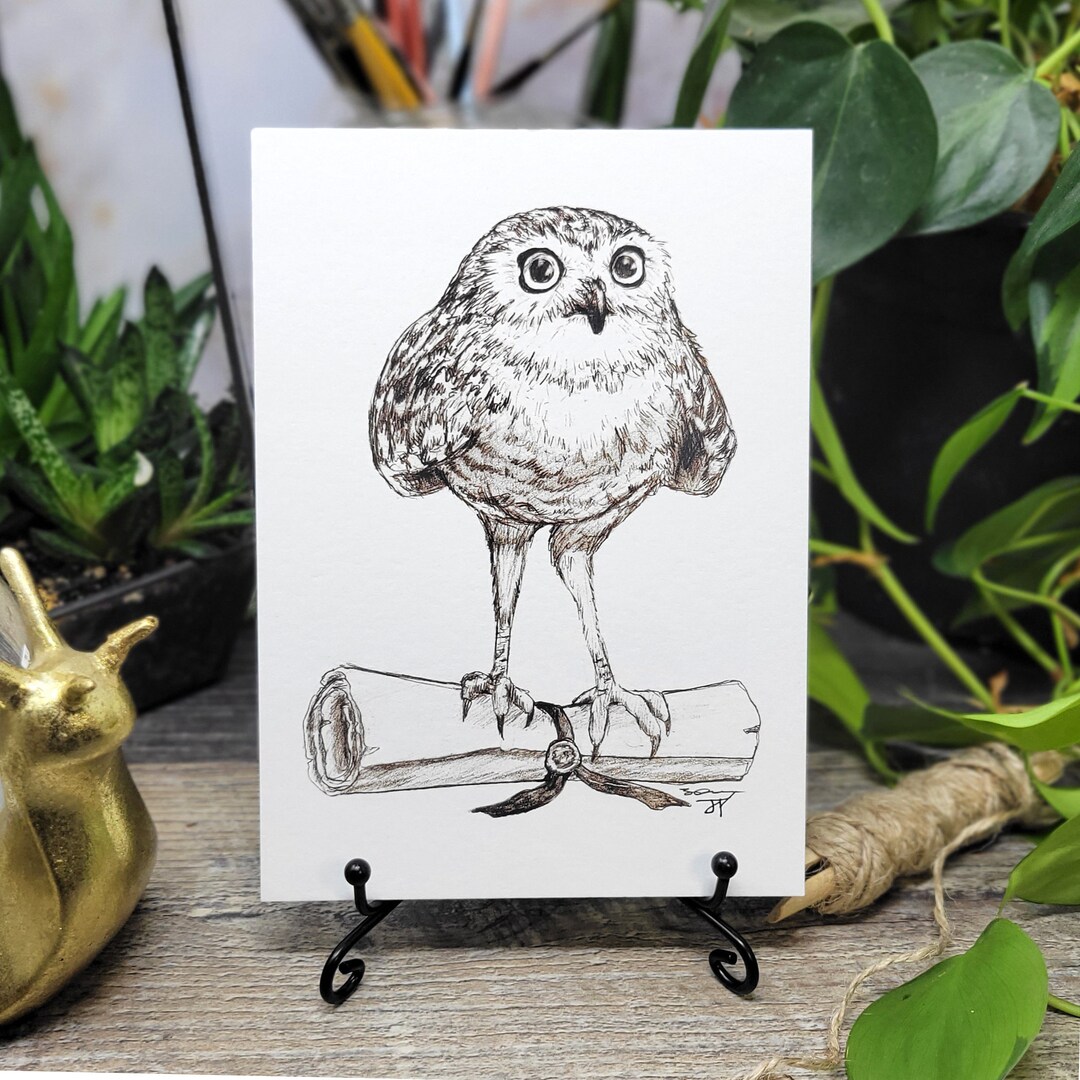 Little Owl Ink Sketch Print. an Adorable Tiny Owl Delivering Mail 5x7 ...