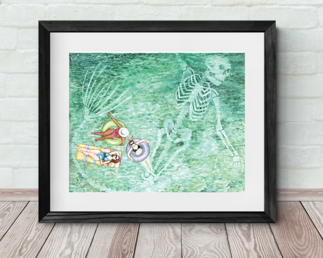 Mermaid Skeleton and Beachy Swimming Girls, Print of a Watercolor ...