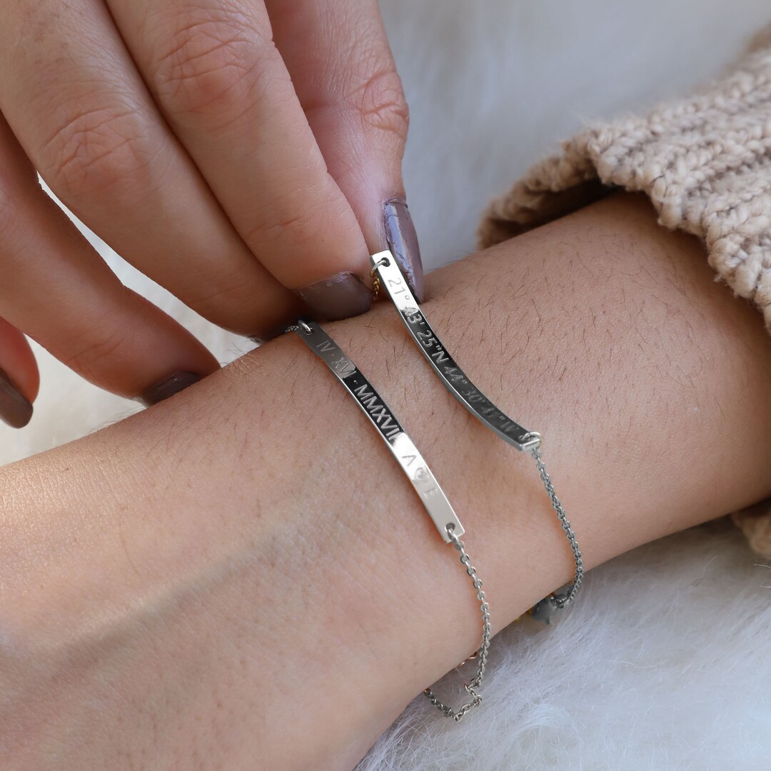 Personalized silver bar bracelet store