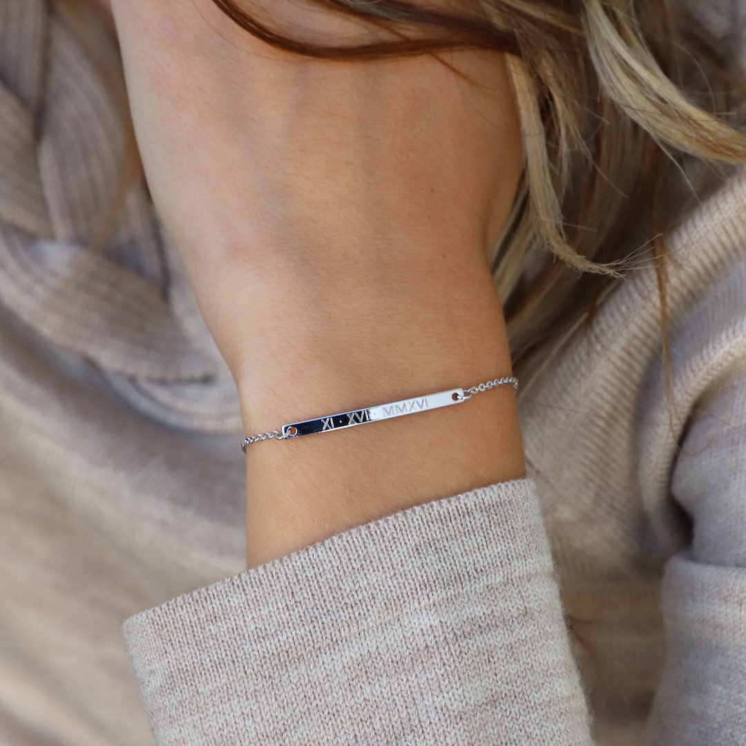 Personalized Sterling Silver Bar Bracelet: Rose Gold Initial, Custom ...