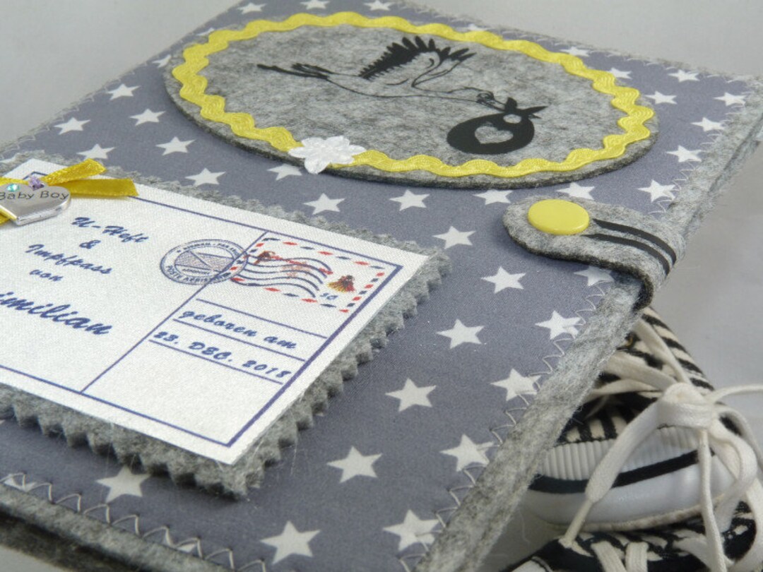 U-heft Cover With Rattle Stork Yellow With Postcard Button - Etsy