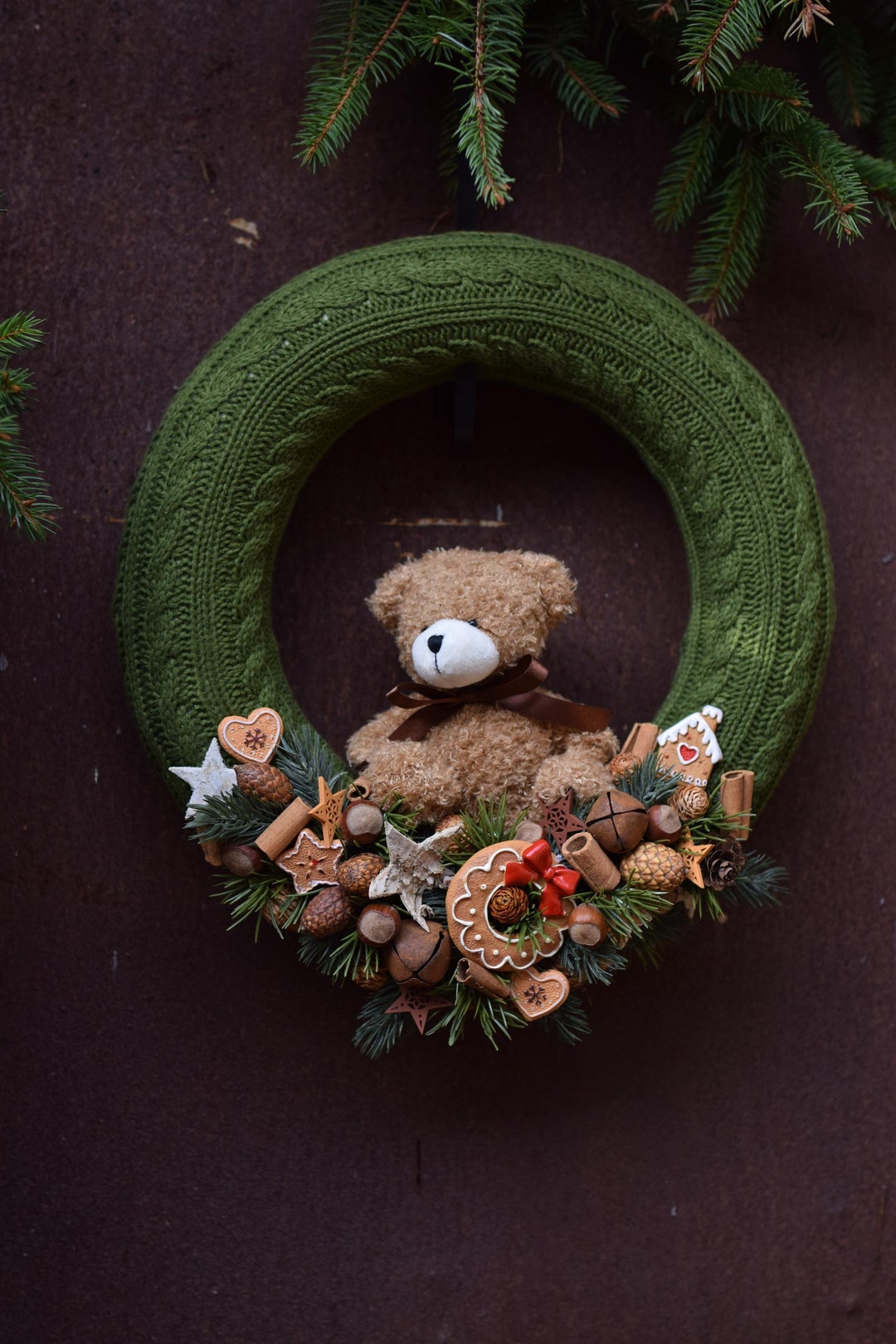 Green Christmas Wreaths for Door, Rustic Rusty Wreath, Teddy Bear ...