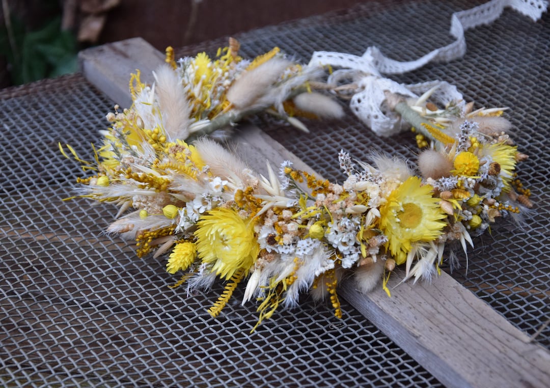 Yellow Dried Flower Crown, Wedding Flower Crown, Bridal Flower Crown ...