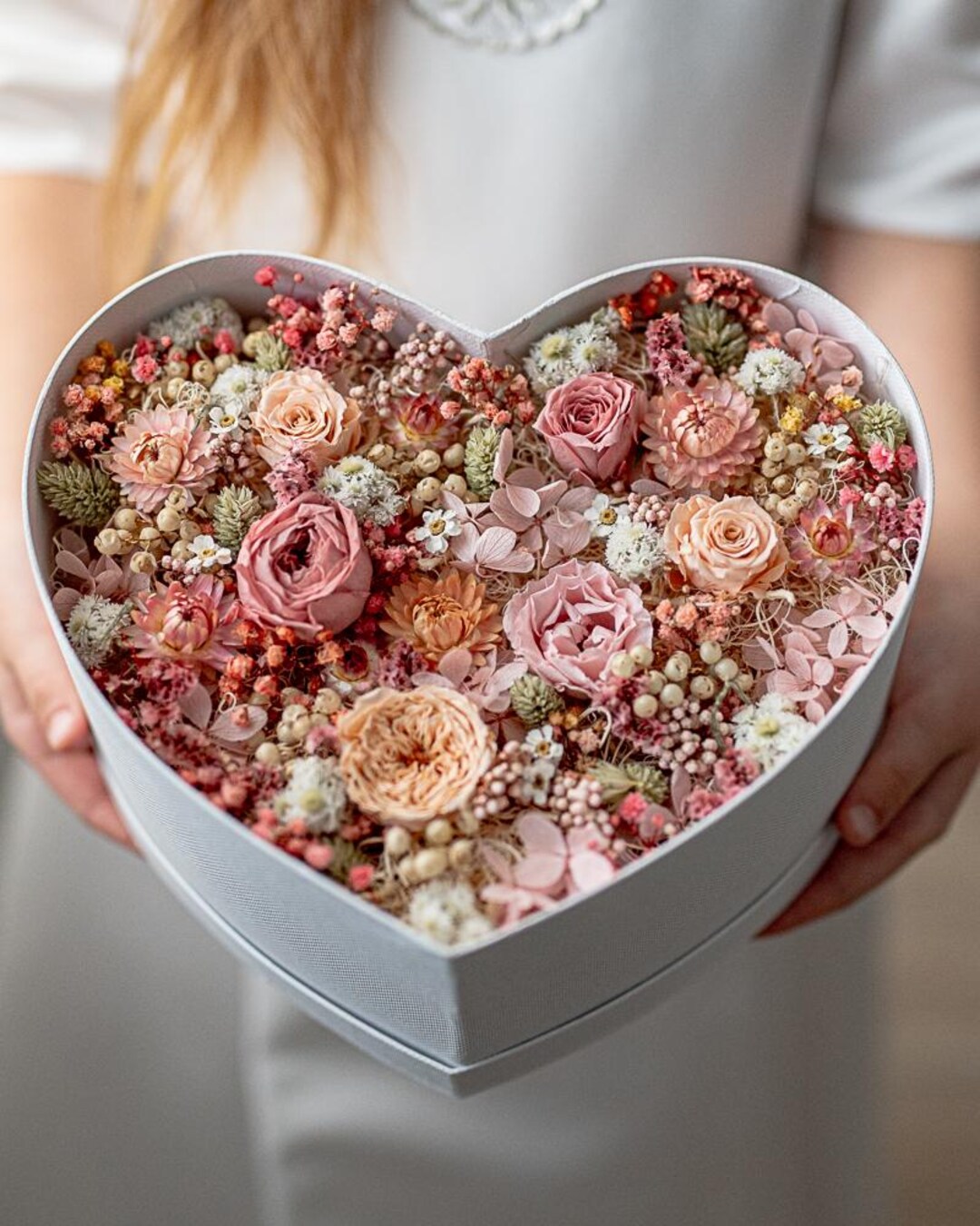 Large Heart Flower Box, Preserved and Dried Flowers, Handmade Floral ...