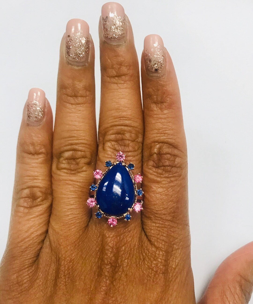 9.04 Carat Lapis Lazuli Tourmaline and Sapphire Cocktail Rose Gold Ring ...