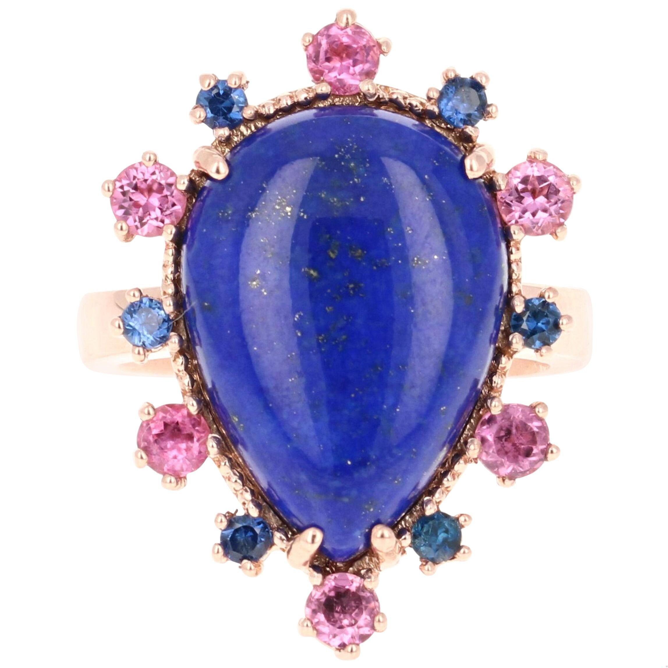 9.04 Carat Lapis Lazuli Tourmaline and Sapphire Cocktail Rose Gold Ring ...