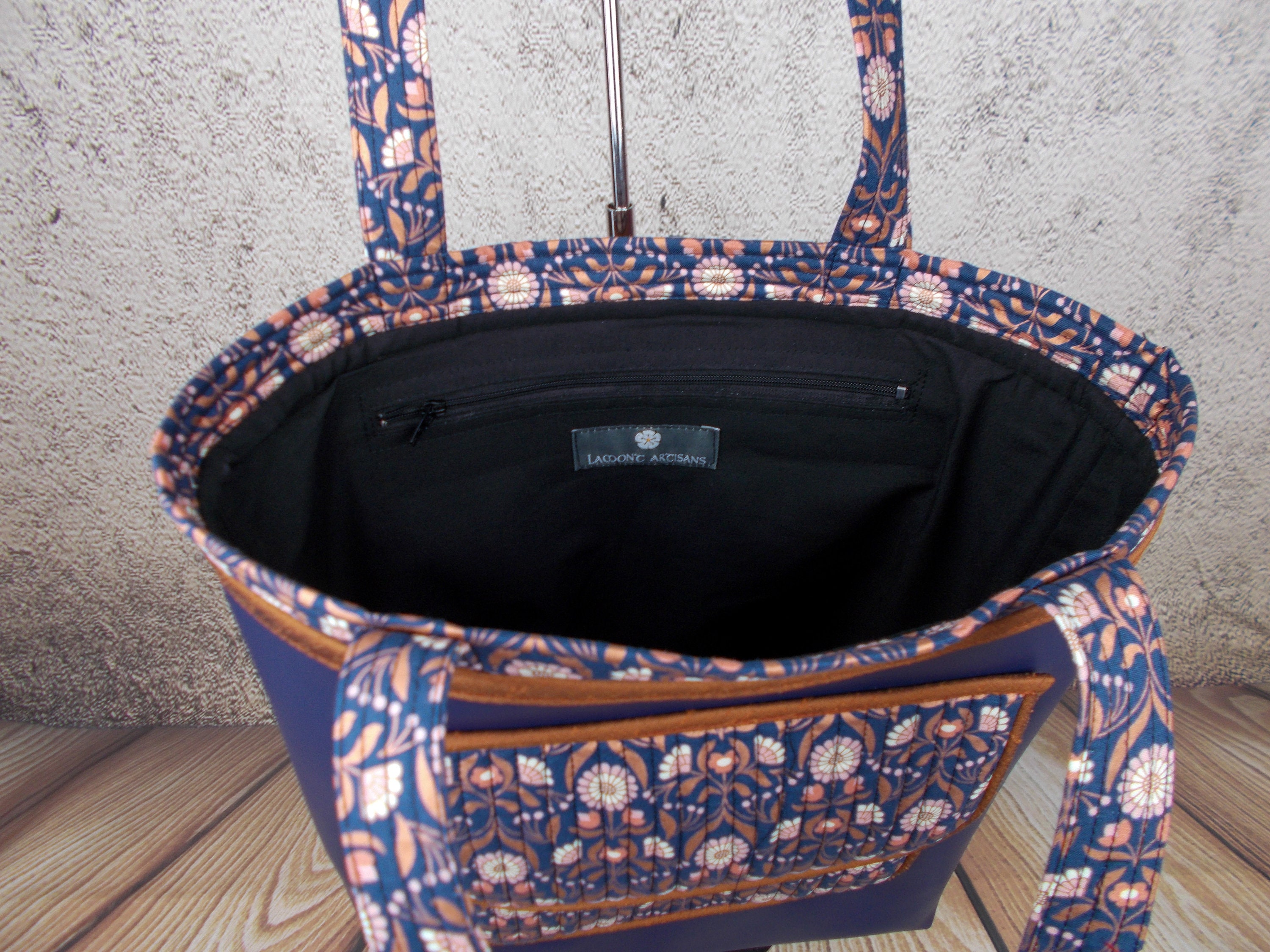 Tote bag in Navy faux leather with contrasting print pocket | Etsy