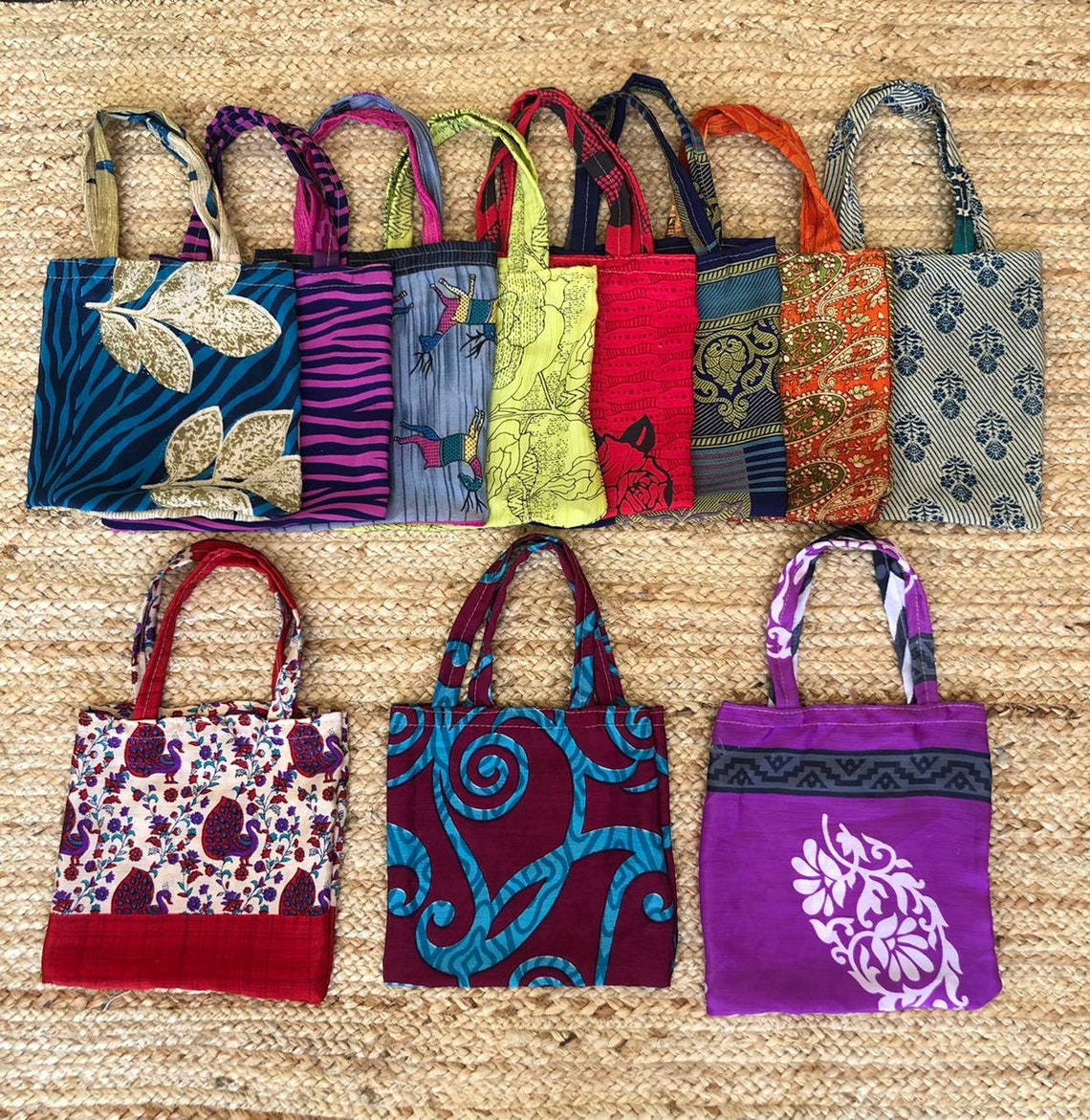 Recycled Silk Gift Bags: Handmade Colorful Shopping Handle Bags (8x8 ...