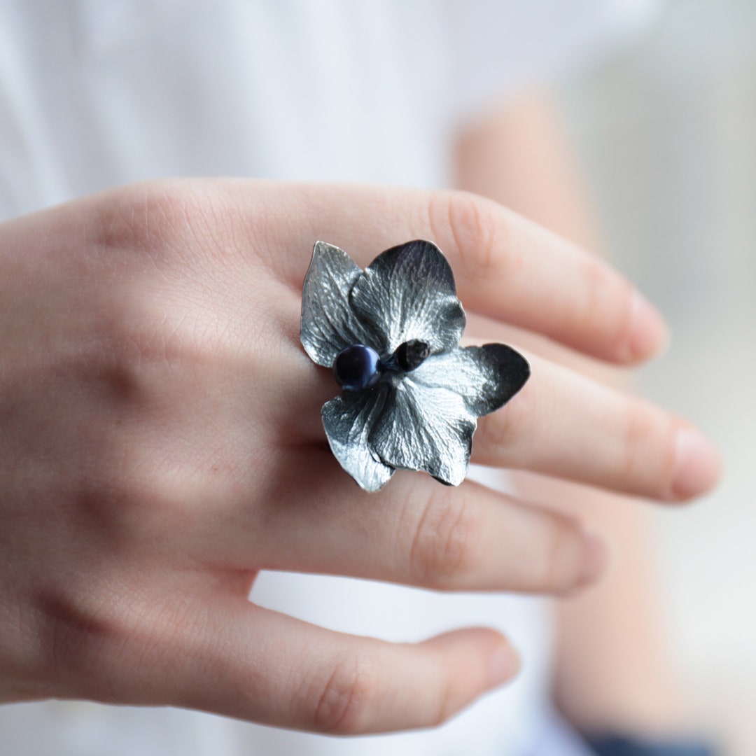 Black Silver Orchid Ring, Silver Ring With Black/ Blue Pearl, Sterling ...