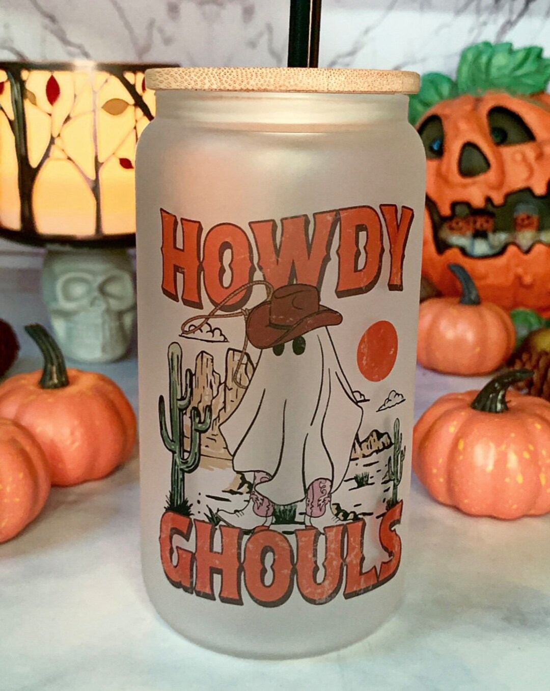 Howdy Ghouls Western Cowboy Halloween Ghost 16 Oz Frosted Libbey Soda ...
