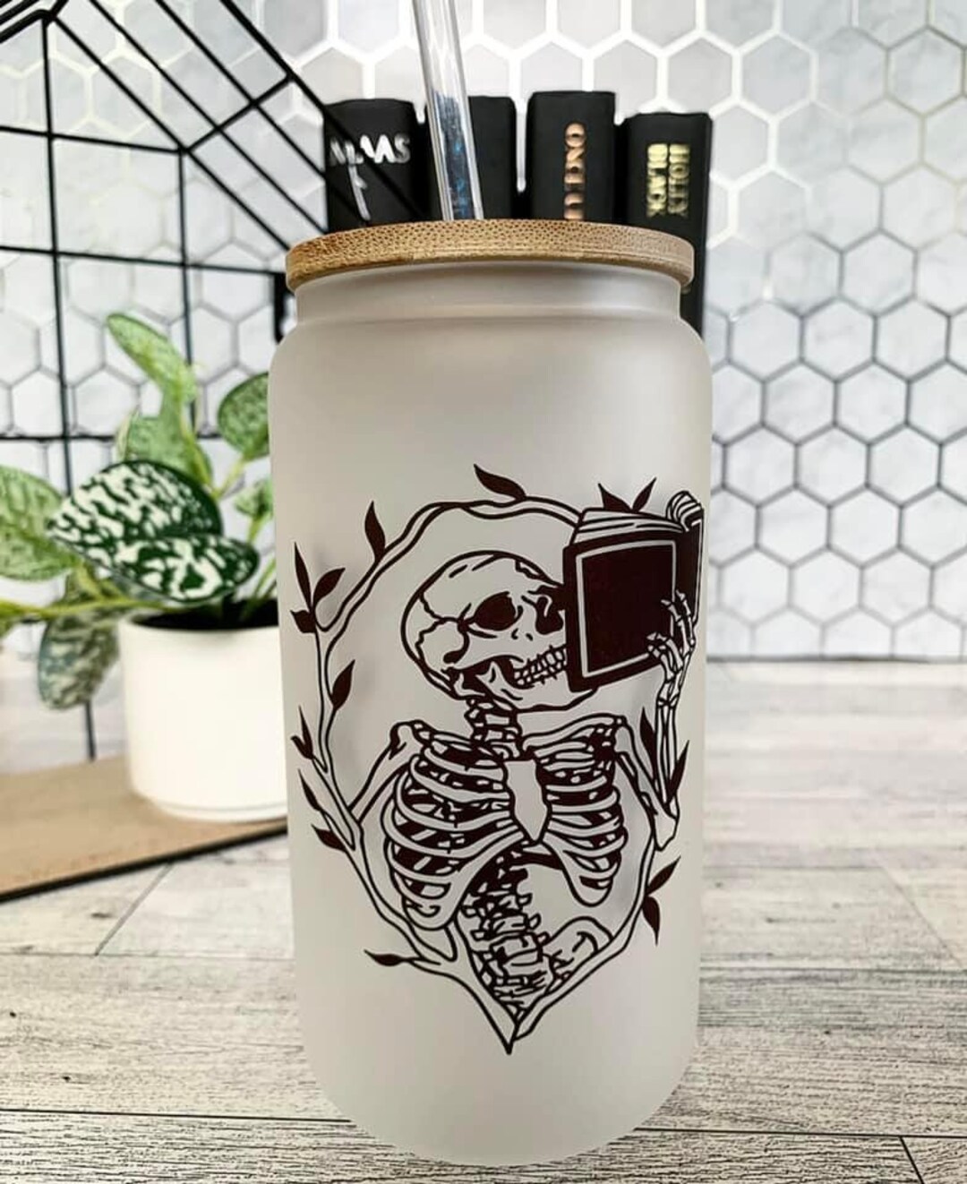 Edgy Skeleton Reading Book/ Halloween/ 16 Oz Frosted Libbey Soda Can ...