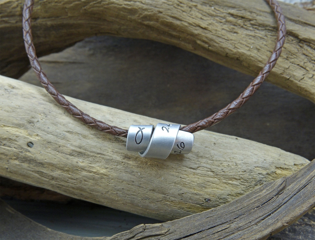 Custom Hand Stamped Leather Scroll Necklace Personalised Gift for Him ...