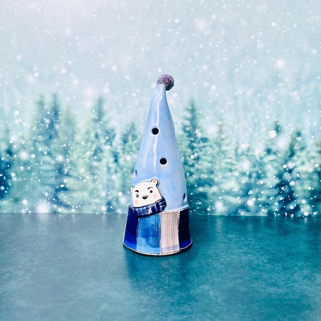 Winter Hat Luminary With Polar Bear, Hand Painted Ceramic or Pottery in ...