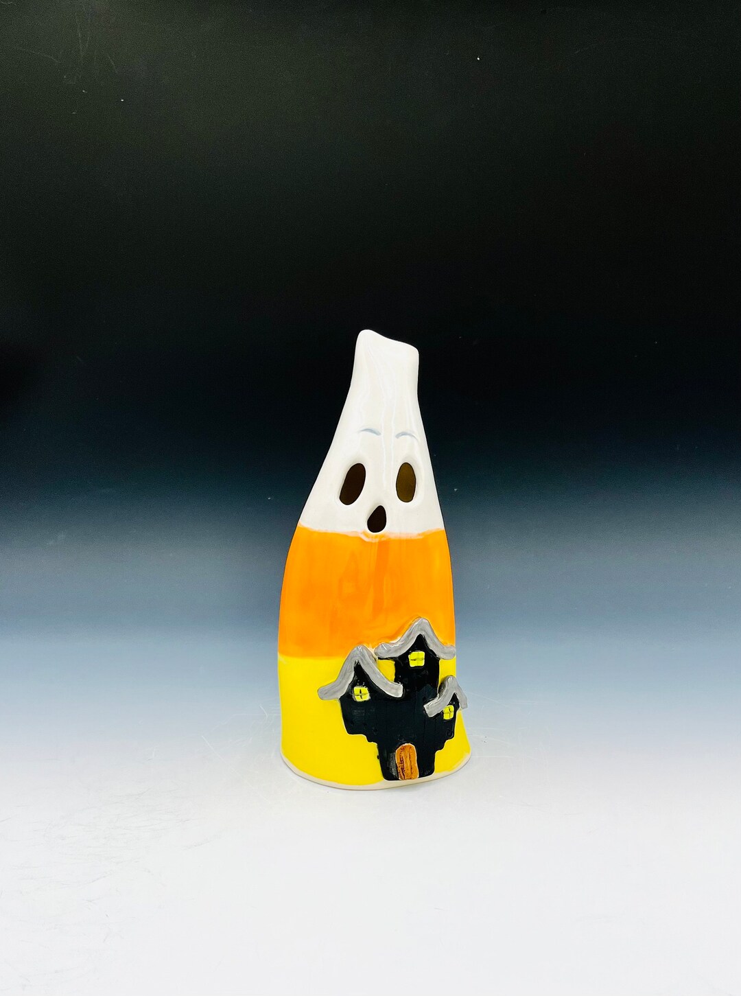 Halloween Candy Corn With Haunter House, Hand Painted Ceramic or ...