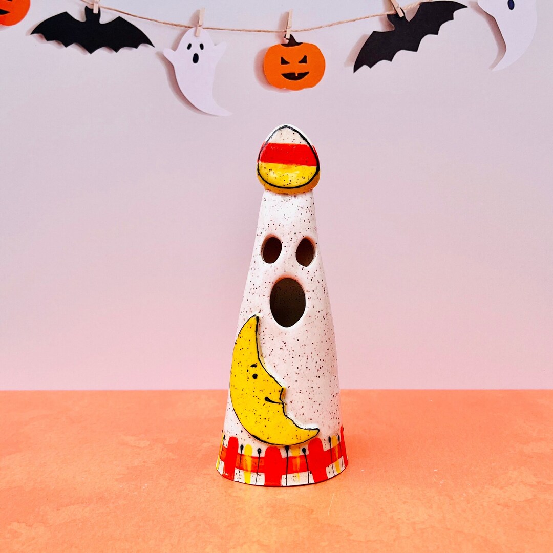 Halloween Ghost With Candy Corn Hat and Moon Decoration, Hand Painted ...