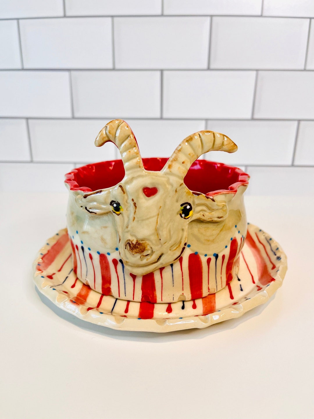 Goat Planter and Matching Tray, Hand Painted Ceramic or Pottery in ...