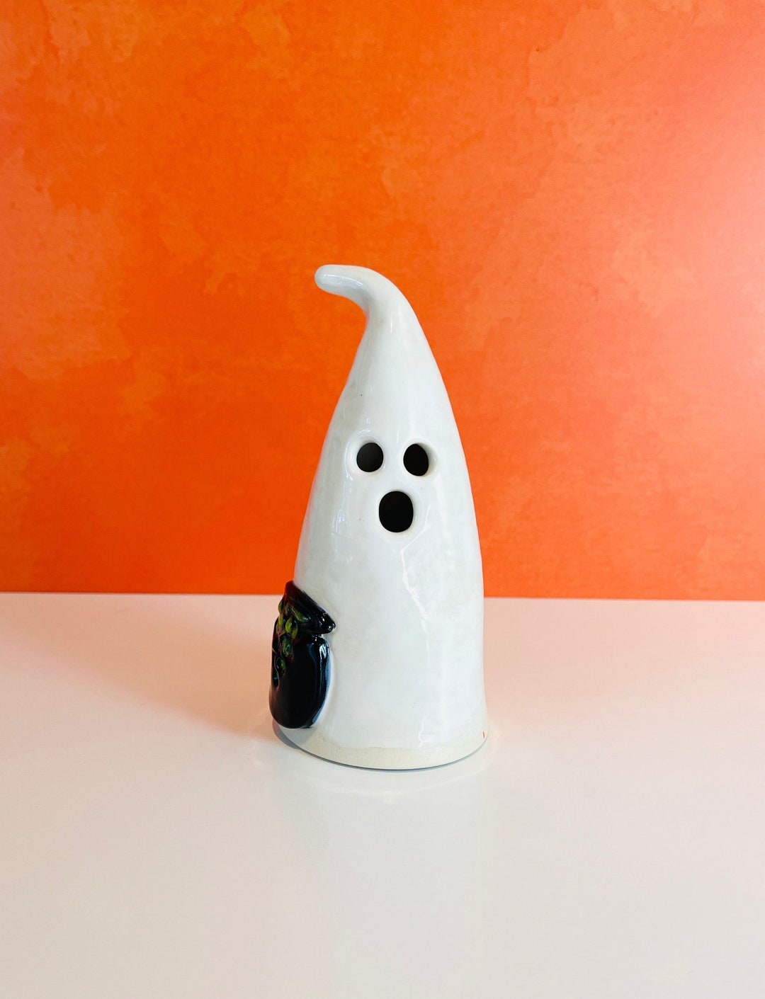Halloween Ghost With Cauldron, Hand Painted Ceramic or Pottery in White ...
