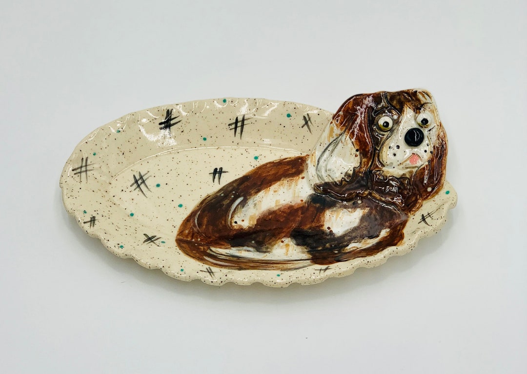 Hand Painted Spaniel in Speckle Pottery or Ceramic Handmade Platter or ...