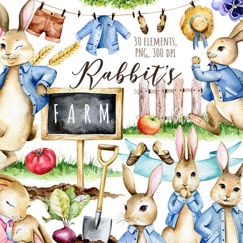 Cute Rabbit's Farm Watercolor Clipart Cute Bunny Farm - Etsy