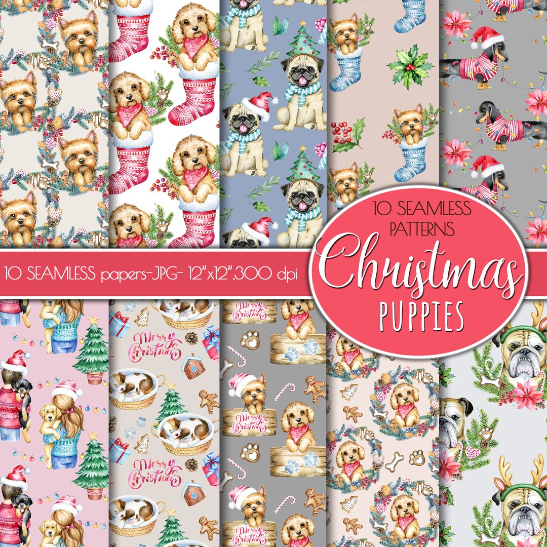 Christmas Dogs Paper, Watercolor Digital Papers, Christmas Bulldog ...