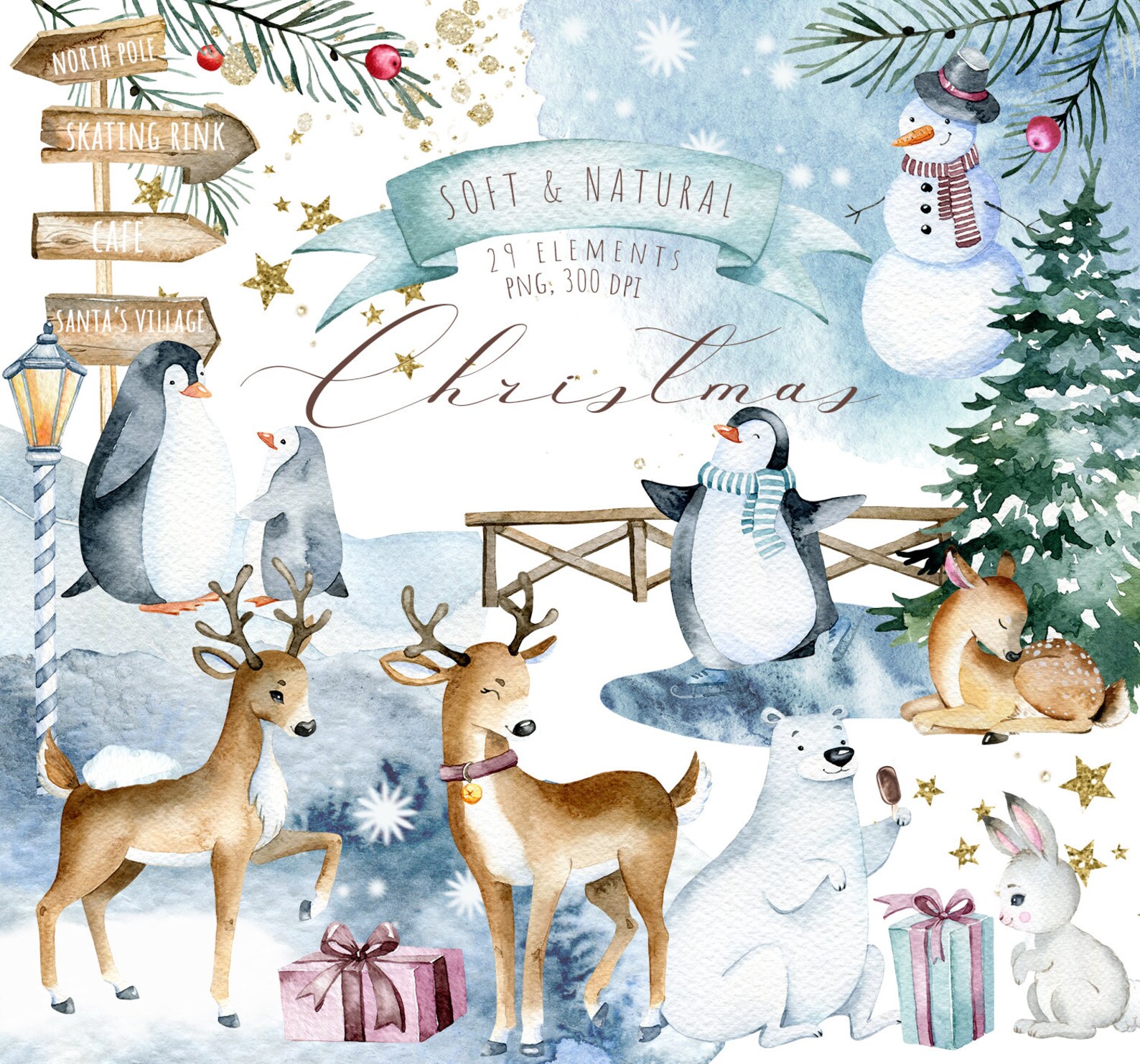 Watercolor Christmas Clipart Festive Clipart Merry - Etsy