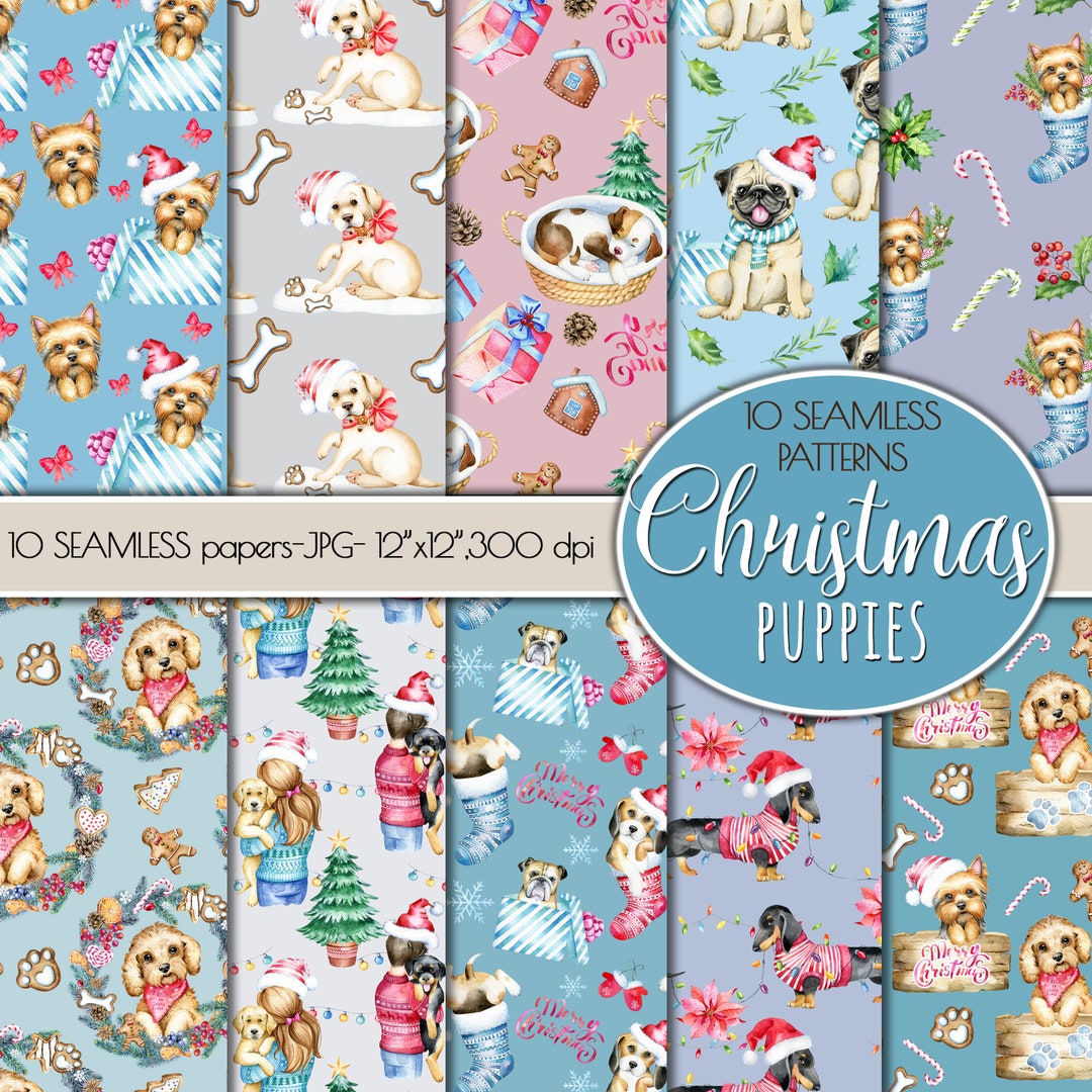 Christmas Dogs Paper, Watercolor Digital Papers, Christmas Puppies ...