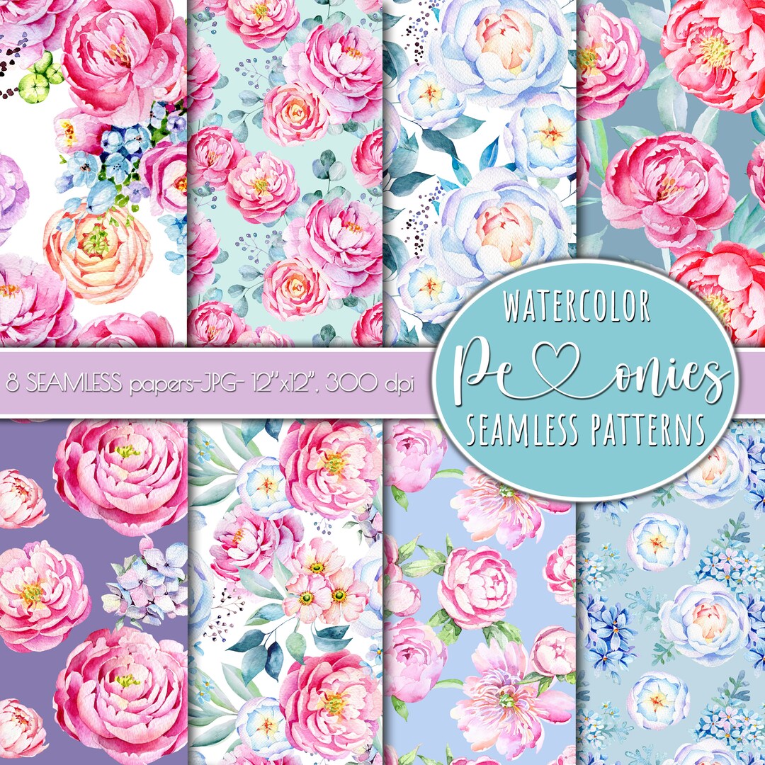 Watercolor Seamless Peonies Patterns, Scrapbooking Peonies Paper ...