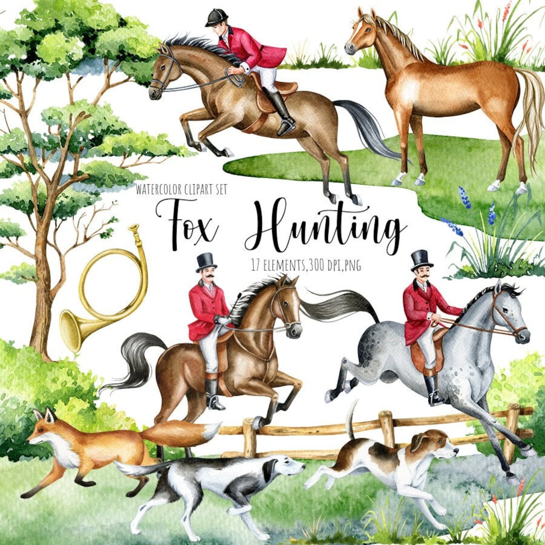 Fox Hunting Watercolor Clipart, Horses Clipart Set, Horse Rider , Hunting With Dogs, Hunter ...