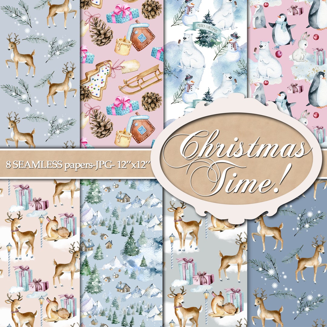 Merry Christmas Seamless Patterns, Watercolor Christmas Digital Papers ...