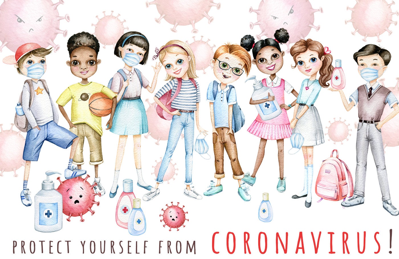 Back to School Watercolor clipart School and coronavirus | Etsy