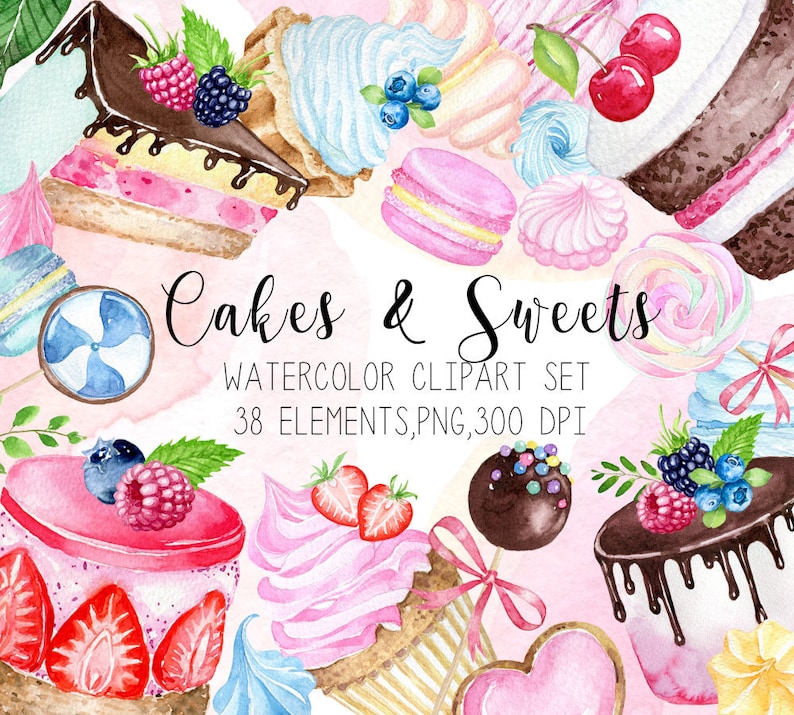 Watercolor desserts clipart Watercolor cakes clipart | Etsy