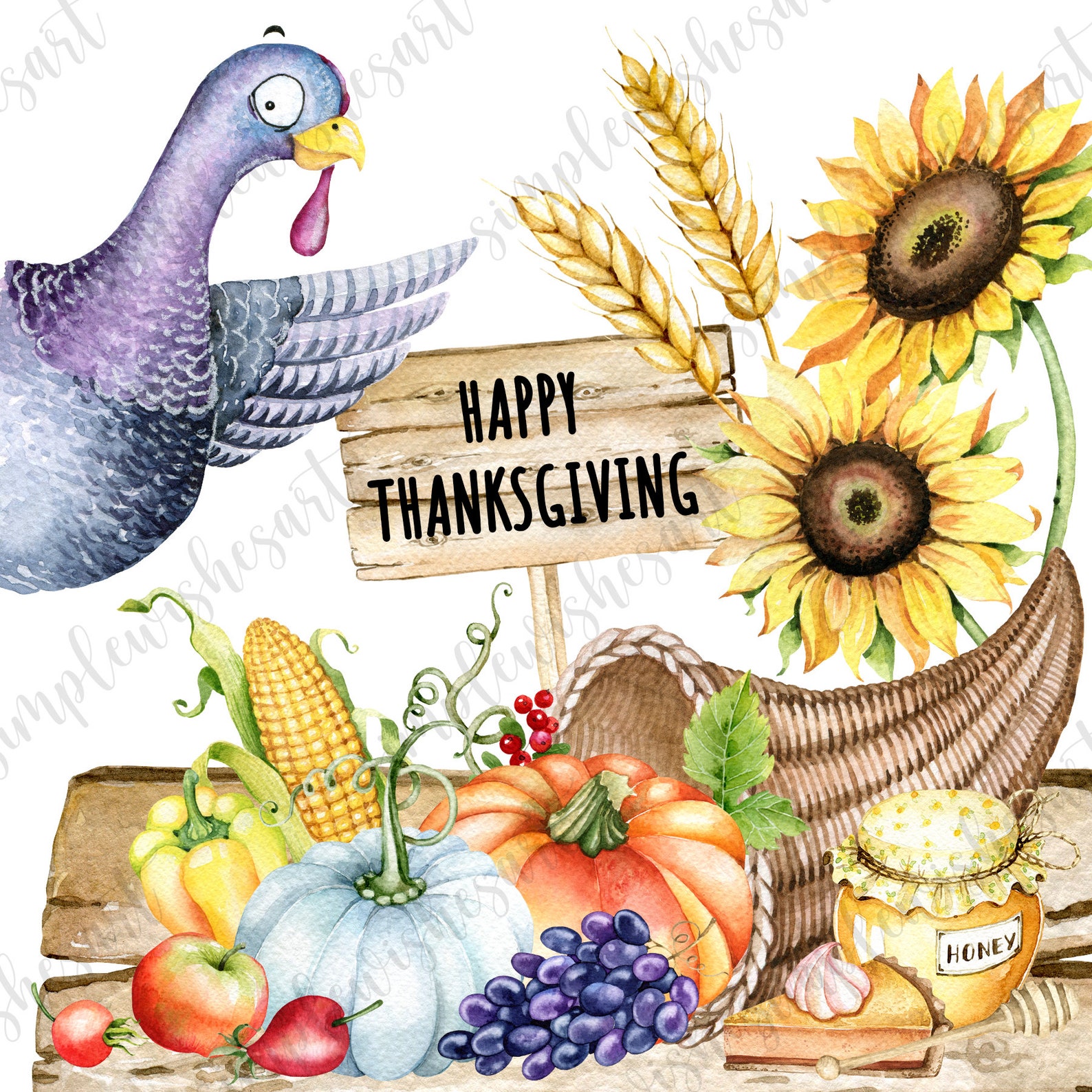 Happy Thanksgiving Day Watercolor Clipart Set Funny Turkey - Etsy