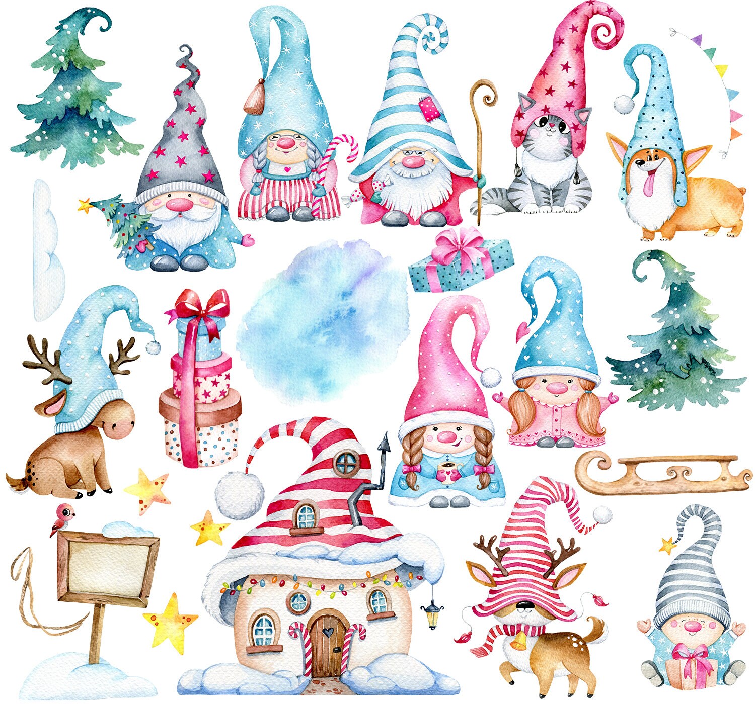 Christmas Gnomes Clipart, Watercolor Christmas Clipart, Cute ...