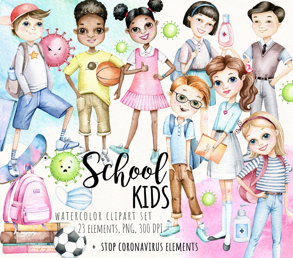 Back to School Watercolor clipart School and coronavirus | Etsy
