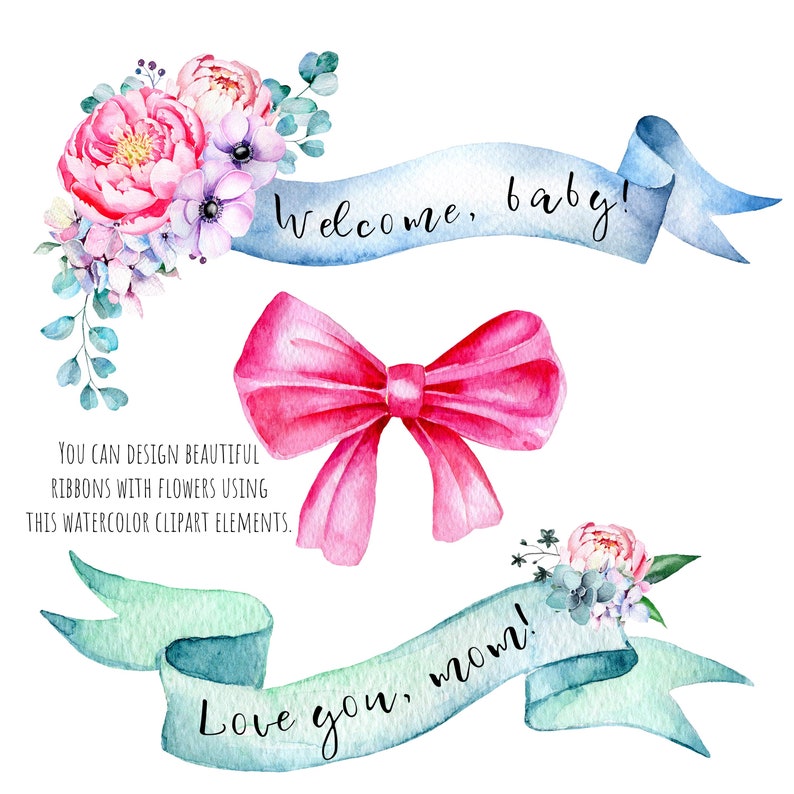Watercolor Banners Clipart Set, Watercolor Ribbons and Bows With Floral ...
