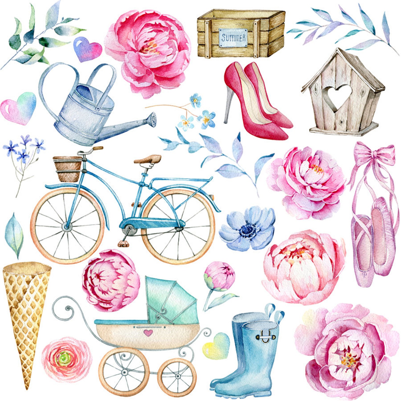 Peonies Clipartbicycle Clipartspring Clipartwatercolor Pink - Etsy